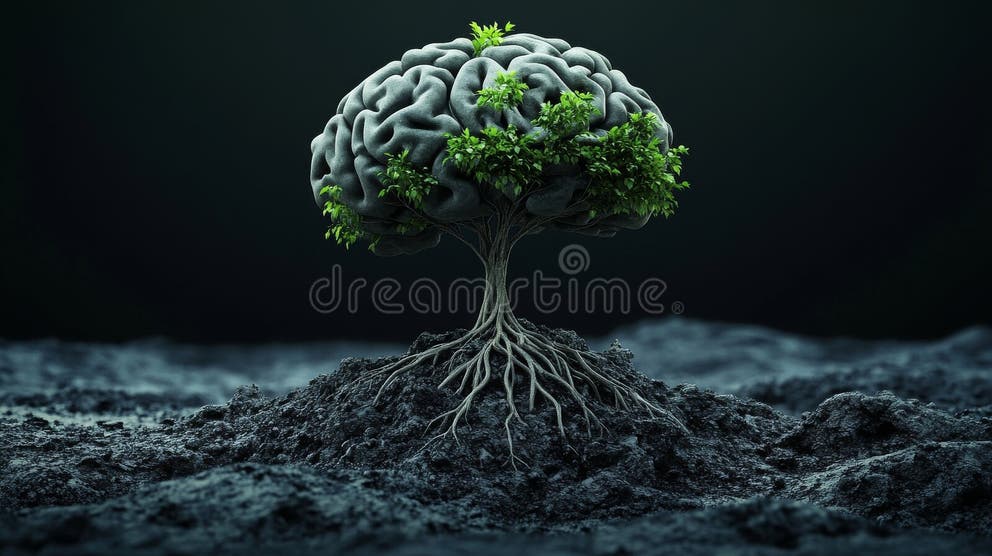 A Brain-shaped Tree Has Roots that Emit a Glow and is Growing on a Dark ...