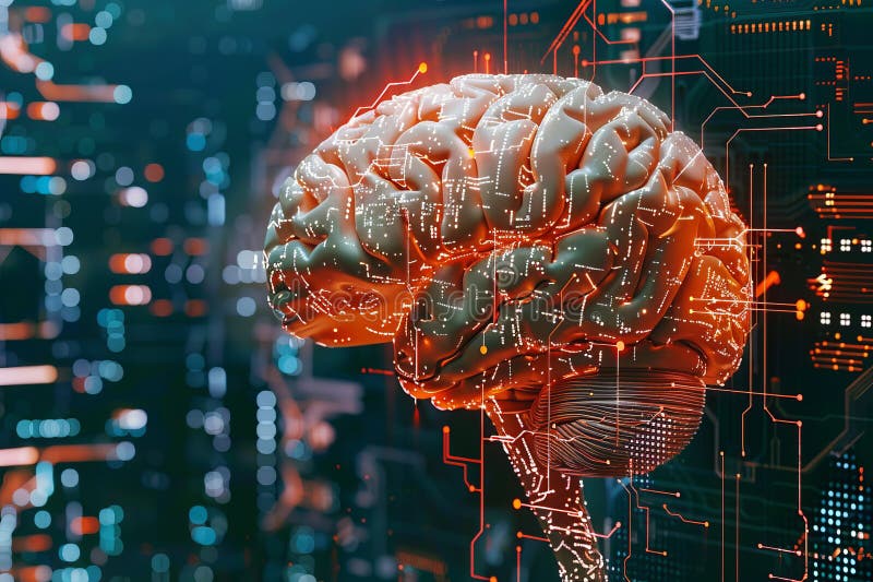 A Brain is Shown on a Computer Screen with a Lot of Wires Stock Image ...