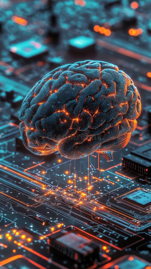 Brain Simulation with Neural Sparks Over a Circuit Board Stock Image ...