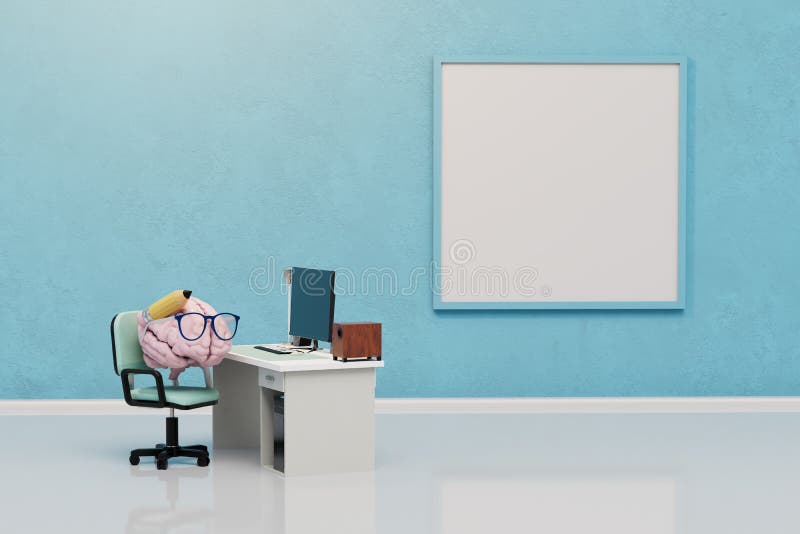 The Brain Sitting at a Desk in a Room with a Large Frame for a Picture ...