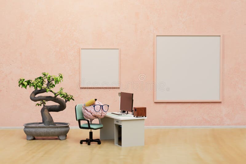 A Brain Sitting at a Desk in a Room with a Large Green Tree and Picture ...