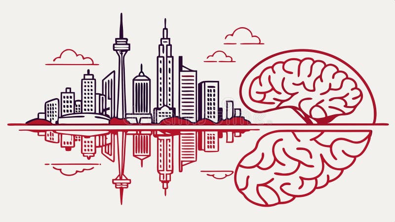 Brain Skyline Reflection in Water, Vector Art Thought Reflection ...