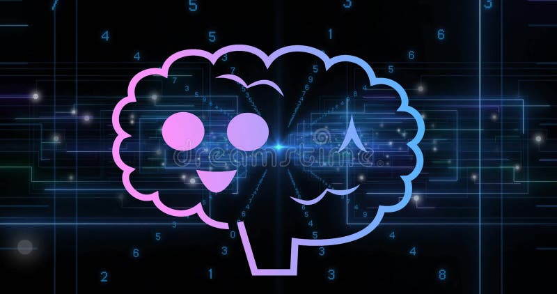 Brain with Smiley Face and Numbers, Digital Data Processing Animation ...