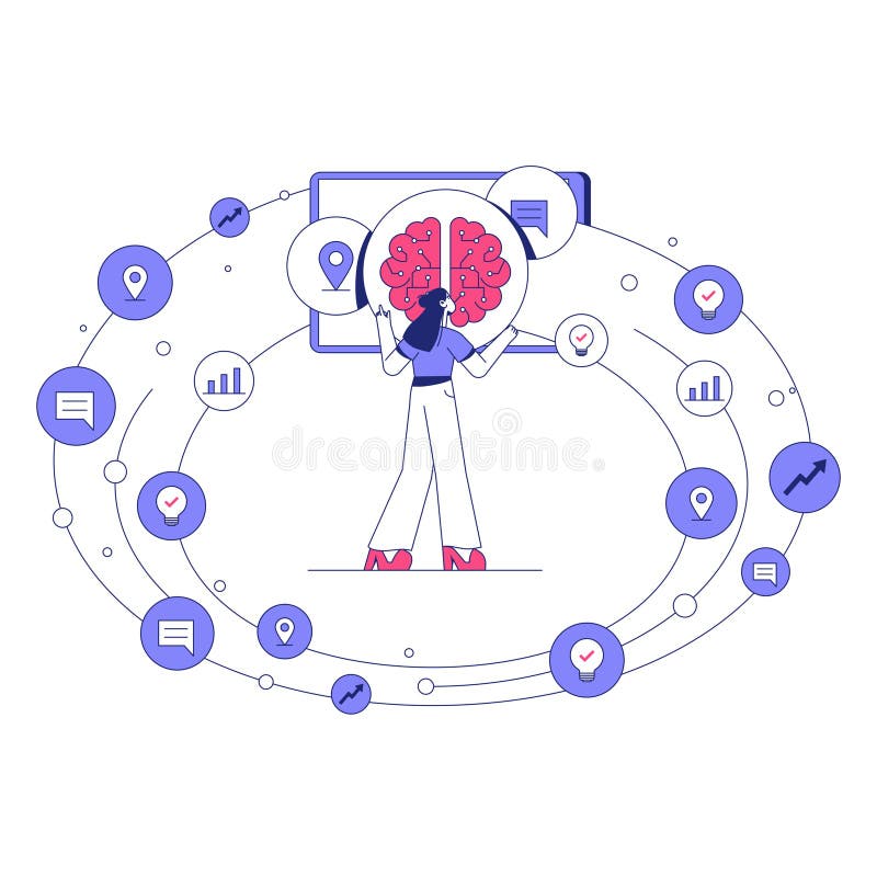 Brain and Social Connections in Flat Vector Illustration Symbolizing ...