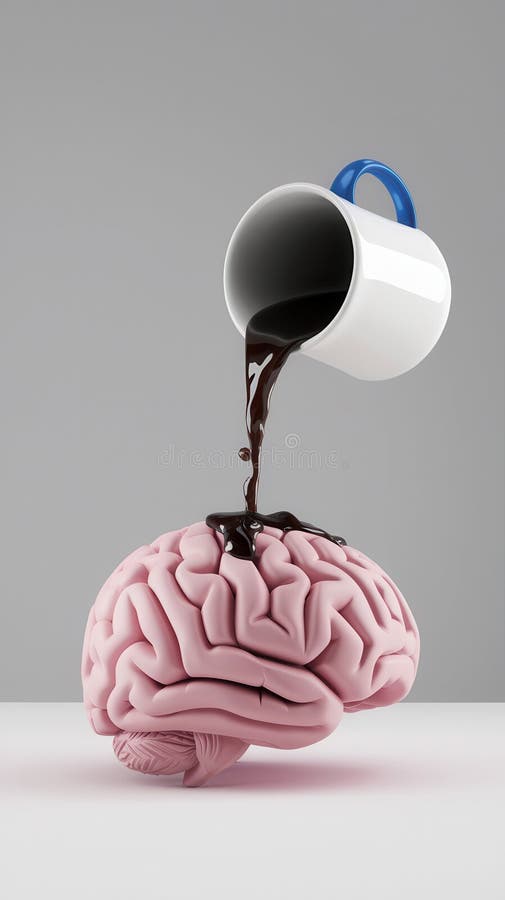Brain with Spilling Coffee Mug Surreal Art Concept Stock Illustration ...