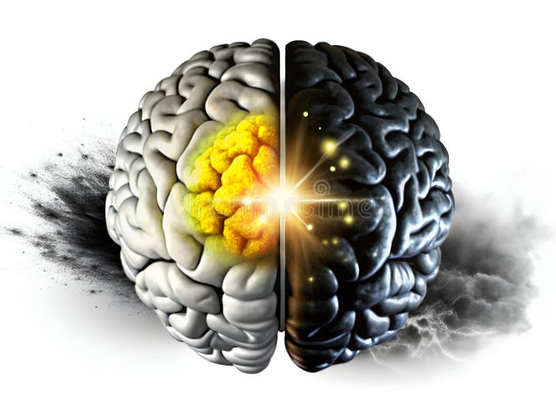 A Brain Split in Half, with One Half Yellow and the Other Black Stock ...