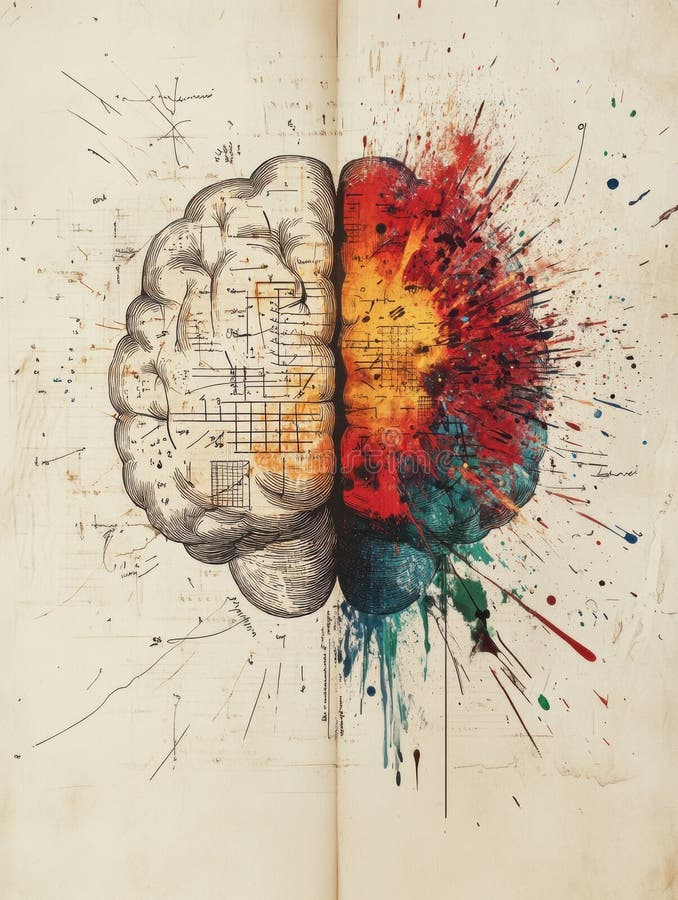 A Brain Split in Two: One Side Showcases Technical Drawings, while the ...