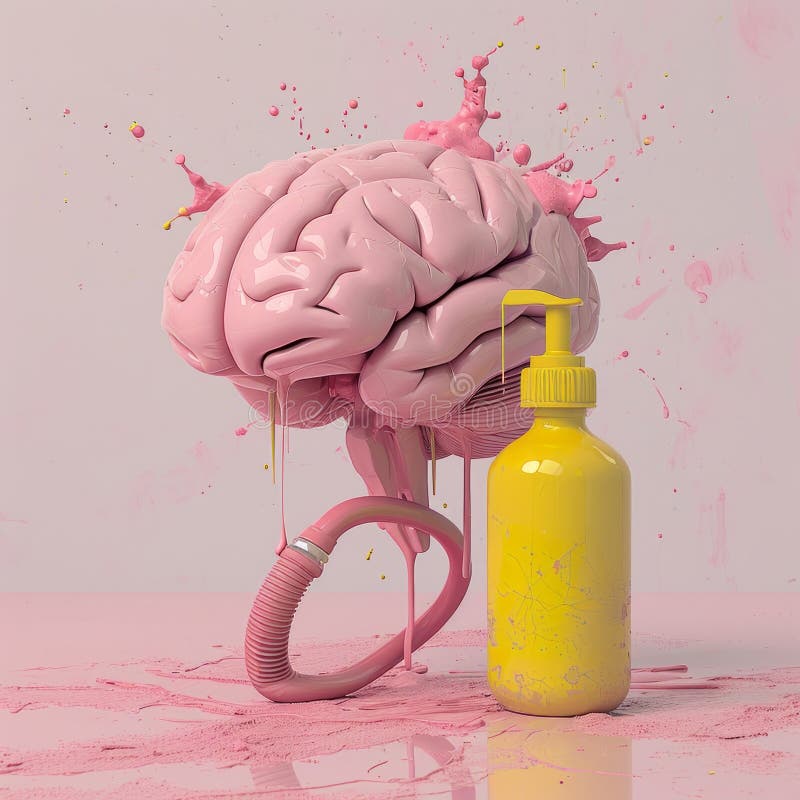 Brain with Spray Bottle and Splashes on Pink Background. 3D Rendering ...