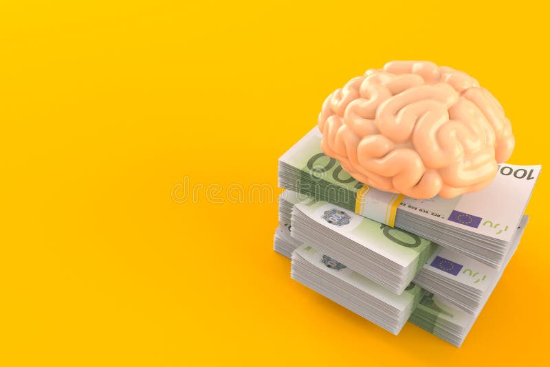 Brain on stack of money stock illustration. Illustration of currency ...