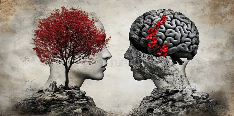 A Brain of Stone and a Tree with Red Blooms Symbolize the Dual Concept ...
