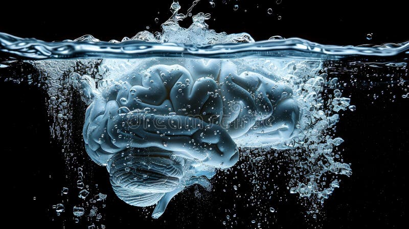 Brain Submerged in Water with Bubbles and Ripples on Black Background ...