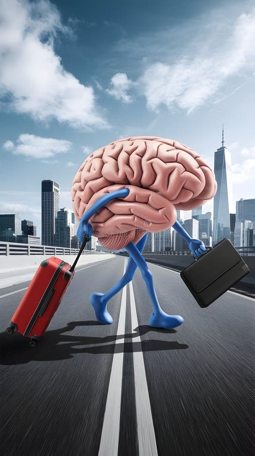 Brain with Suitcase Walking Toward City, Symbolizing Mental Evolution ...
