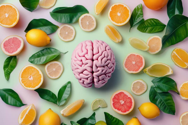 Brain Surrounded by Citrus Fruits and Leaves, Vibrant Colors, Fresh ...