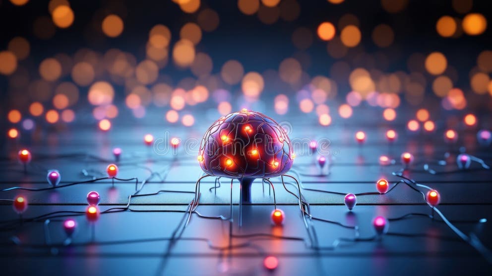 A Brain Surrounded by Lights on a Grid of Tiles, AI Stock Illustration ...