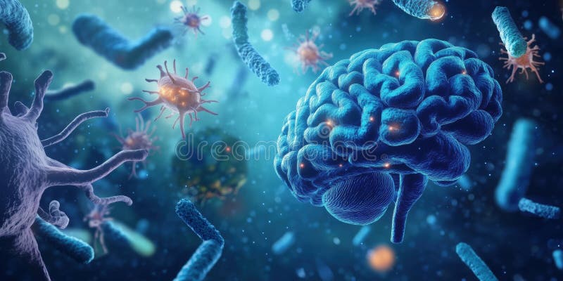Brain Surrounded by Microorganisms, Bacteria, Viruses, and Cells ...