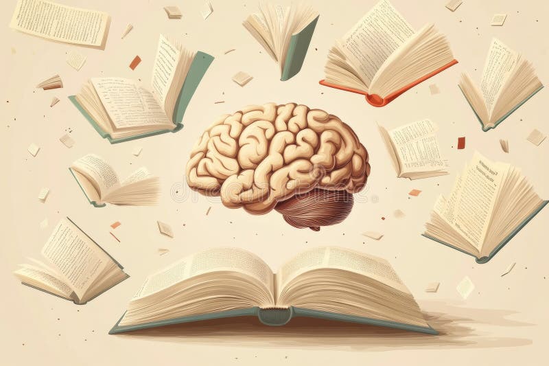 A Brain Surrounded by Open Books and Flying Pages Illustrates the ...