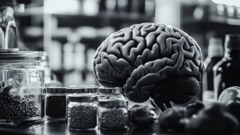Brain on Table with Bottles and Supplements Stock Image - Image of ...