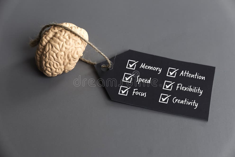 Brain with Tag Highlighting Cognitive Skills: Memory, Speed, Focus, Attention, Flexibility ...
