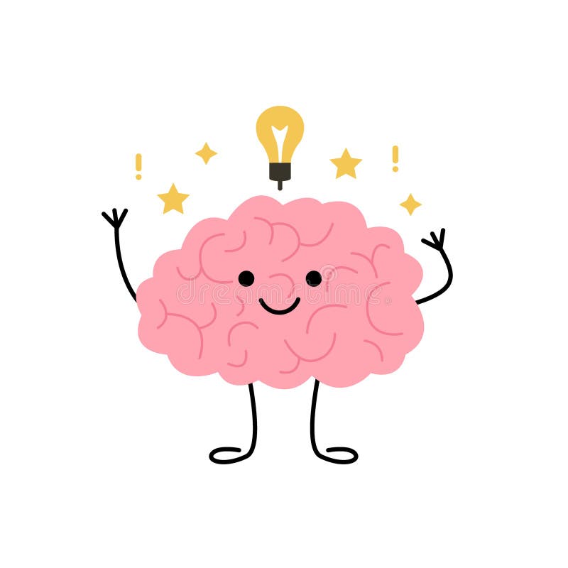 Brain Think, Light Bulb As Idea, Cute Child Character. Happy Brain ...