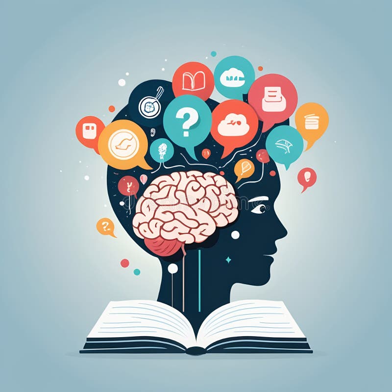 Brain with Thoughts Reading Book Stock Illustration - Illustration of ...