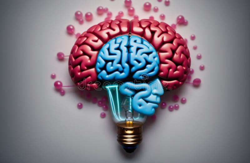 Brain in the Top of a Light Bulb with Human Face Creative Concept Stock ...