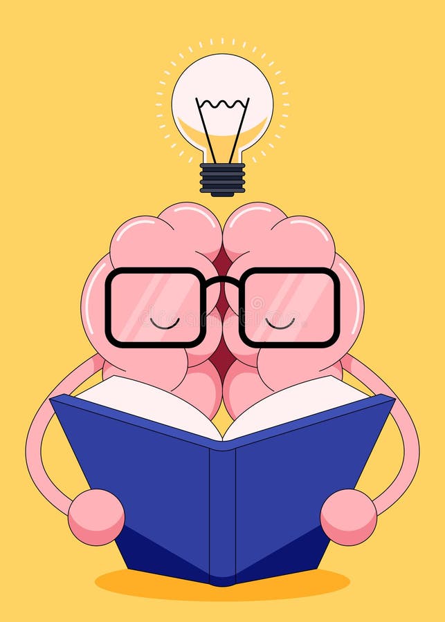 Brain Training and with Cartoon Character Reading a Book Flat Design ...