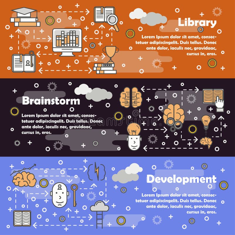 Vector Thin Line Art Brain Web Banner Template Set Stock Vector ...