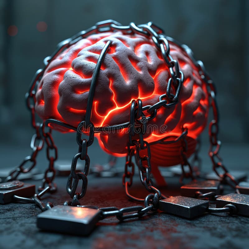 Brain Trapped in Metal Chains, Glowing Red Light. Conceptual Digital ...