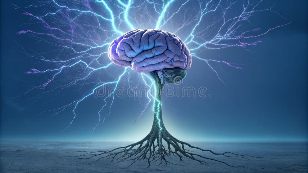 Brain Tree 3D Render, Lightning, Neurological Concept Stock ...
