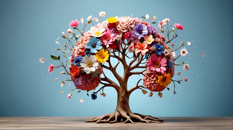 Brain Tree with Flowers, Self Care and Mental Health Concept, Positive ...