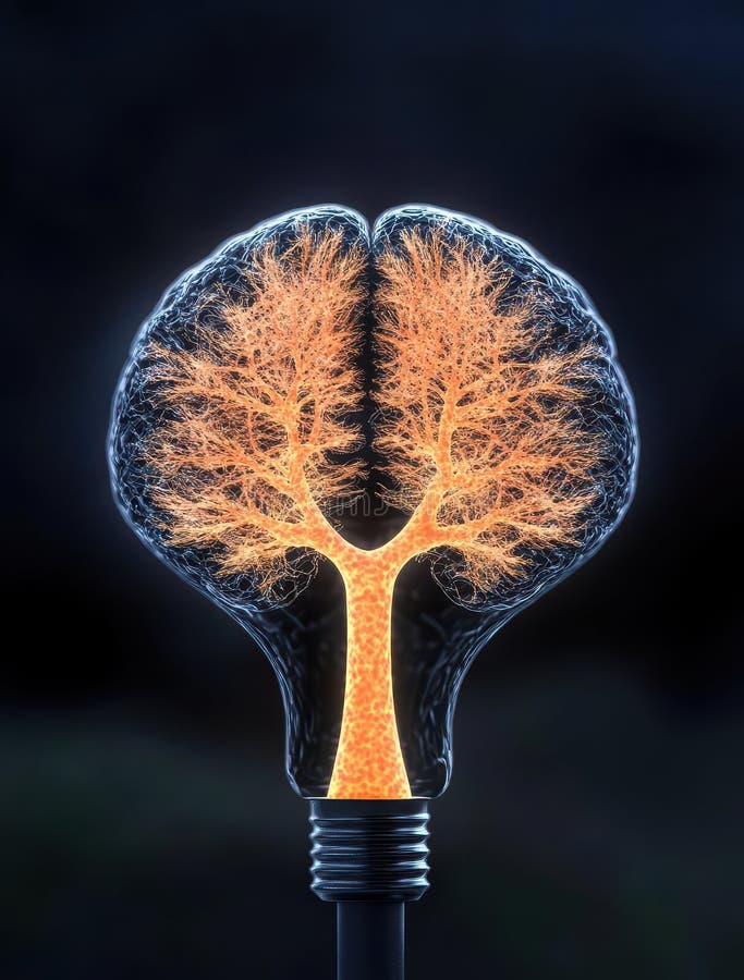Brain with Tree Inside Lightbulb Symbolizing Growth and Nature Stock ...