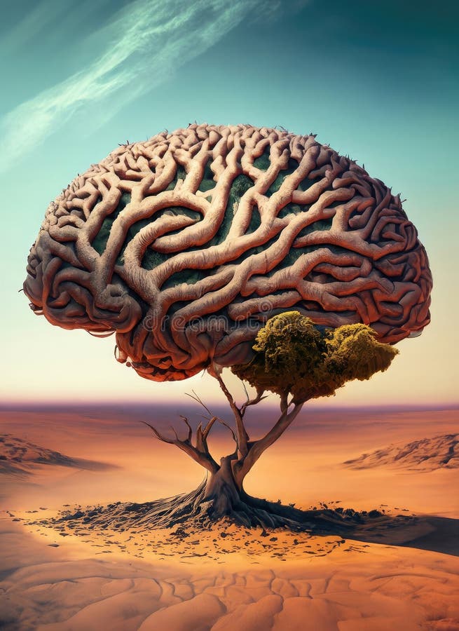 A Brain Tree in the Middle of a Desert Land. Surreal Scene on Human ...