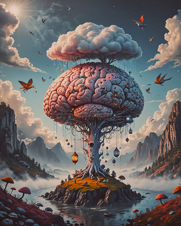 A Painting of a Brain with a Cloud in the Background Stock Illustration ...