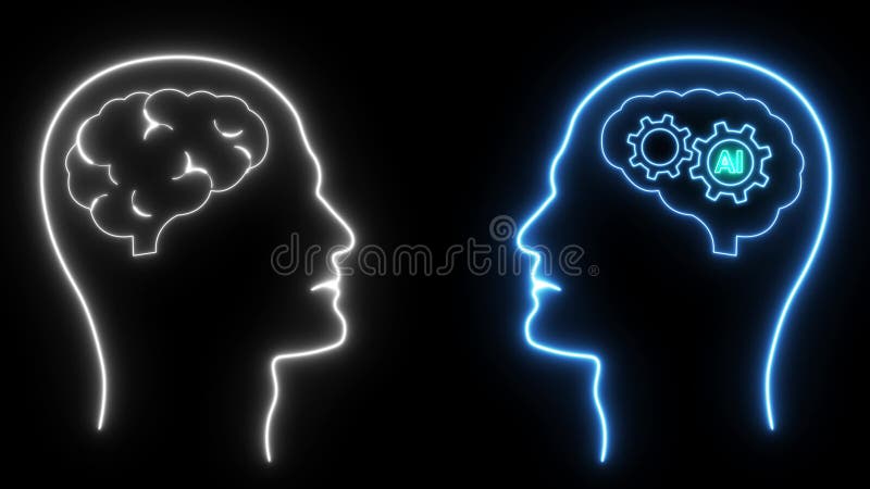 Brain Vs Artificial Intelligence Neon Animated Head Human Brain Vs ...