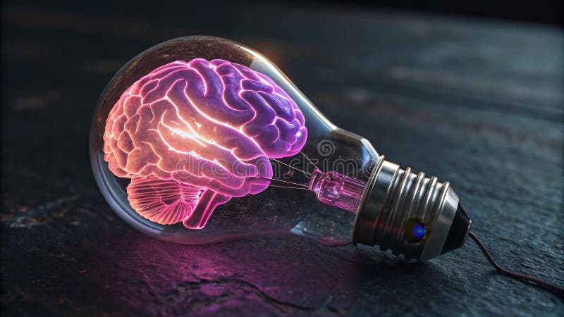 Brainpower Glowing 3D Brain in Lightbulb Stock Illustration ...