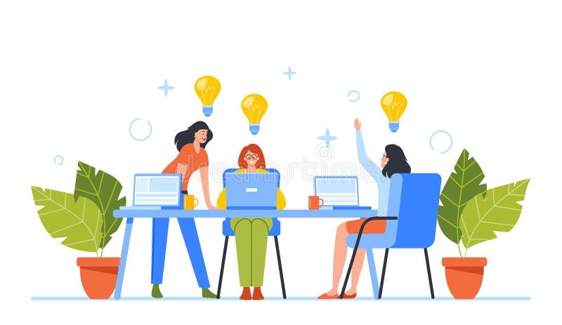 Office Team Character Brainsorm Work Conference. Business People Group Meeting at Desk Laptop ...