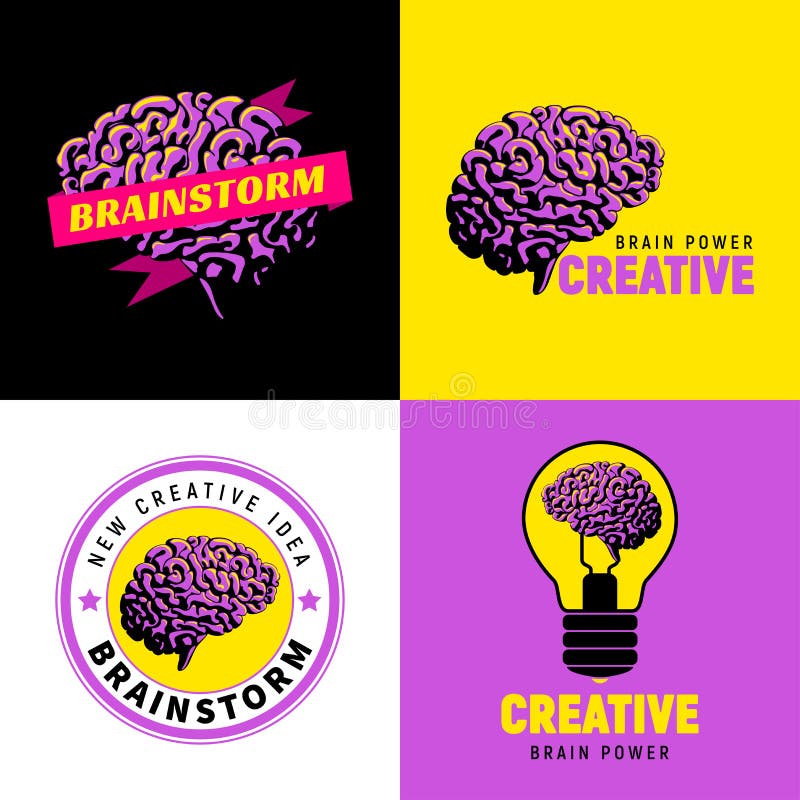 Brainstorm Creative Emblem Set with Brain Stock Vector - Illustration ...