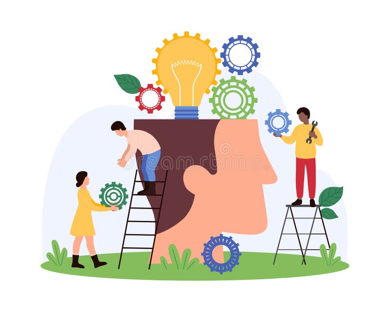 Brainstorm and Creative Thinking Process, Tiny People Work with Gears ...