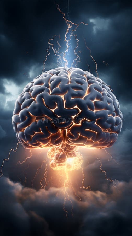 Brainstorm Depicted with Brain in Stormy Clouds and Lightning Stock ...