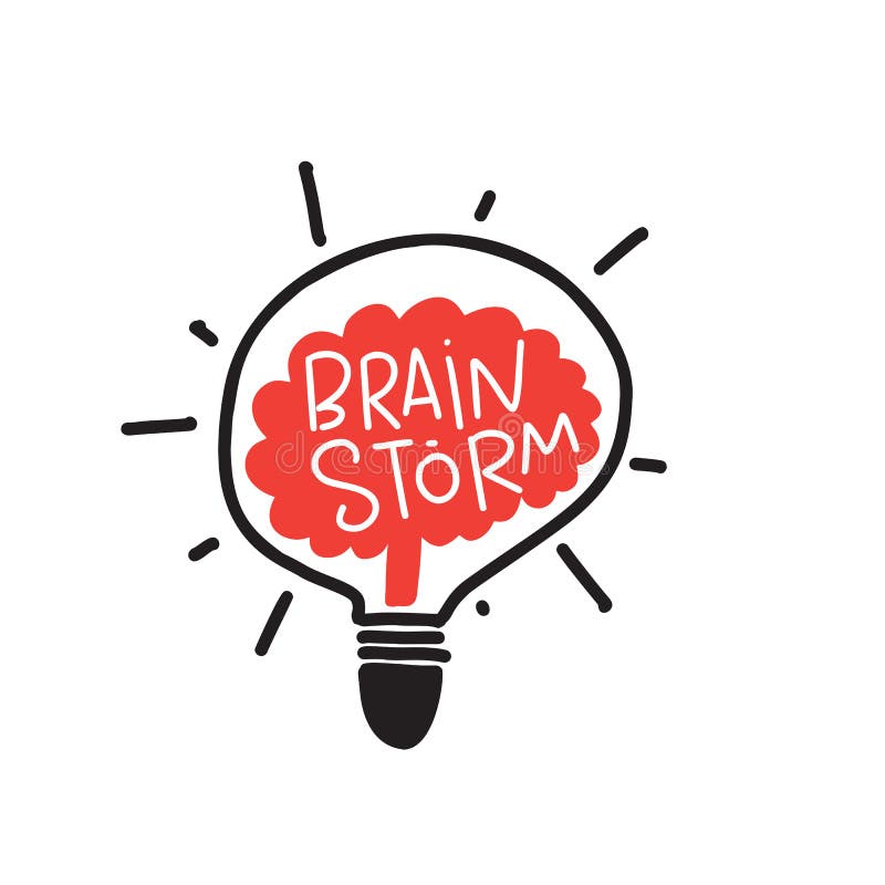 Brainstorm.. Funny Doodle Illustration of Brain in Lamp. Typography ...