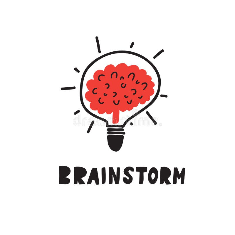 Brainstorm. Funny Hand Drawn Illustration of Brain in Lamp. Typography ...