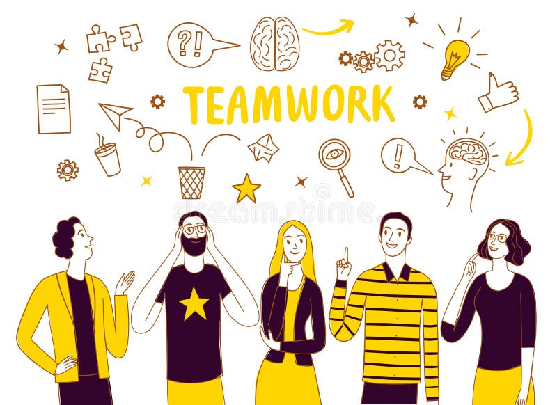 Teamwork and Brainstorm Banner with People`s Hands and Doodle Symbols ...