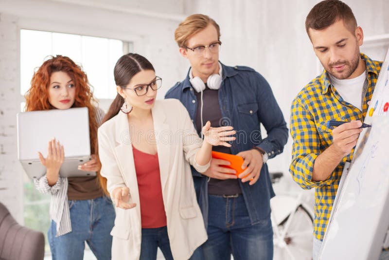 Nervous Four Colleagues Preparing Presentation Stock Image - Image of ...