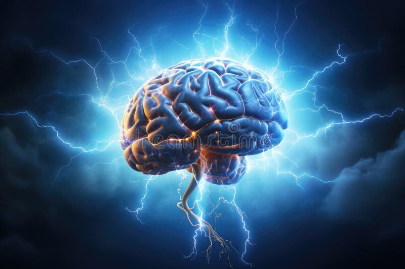 Brainstorming Concept. 3D Illustration of Human Brain with Thunder ...