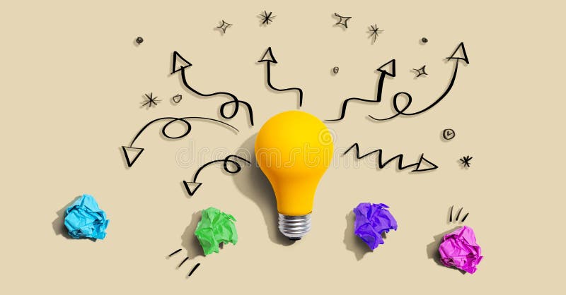 Brainstorming Concept with a Idea Light Bulb and Crumpled Paper Stock ...