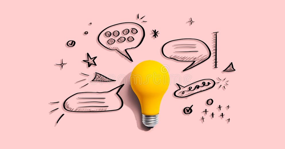 Brainstorming Concept with a Light Bulb and Speech Bubbles Stock Photo ...