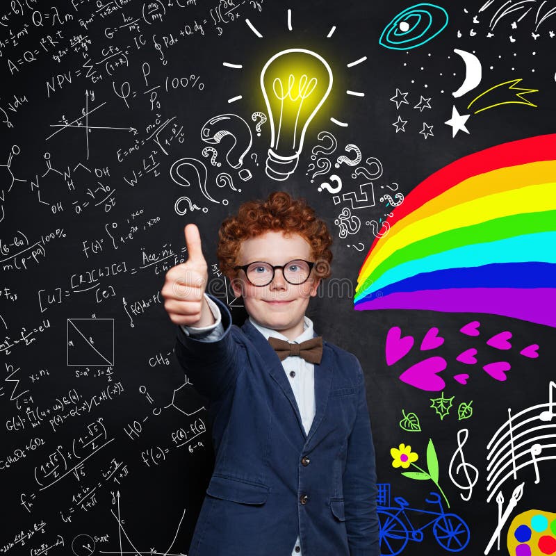 Brainstorming Concept. Smart Kid Boy in Suit and Glasses with Idea ...