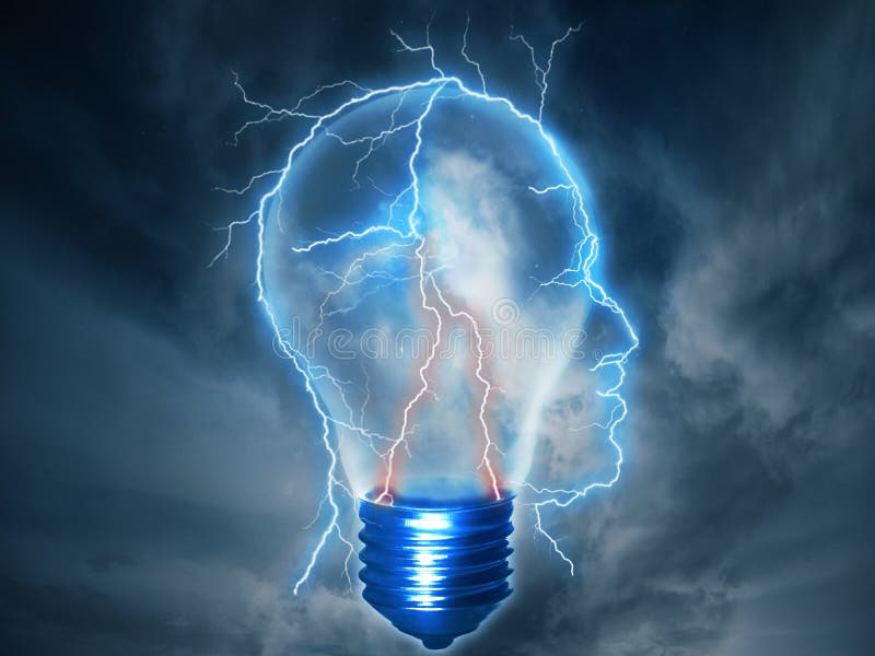 Brainstorming Lightning Bolt Shaped As Human Head with Lightbulb Stock ...