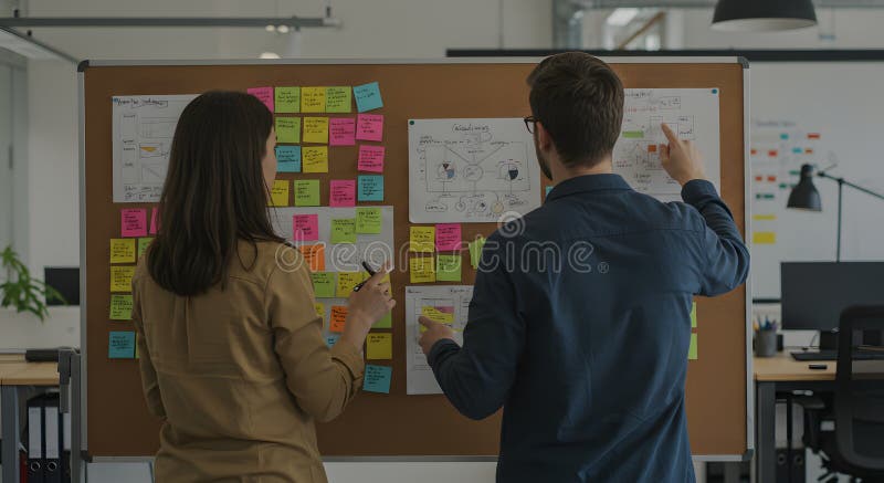 Brainstorming Session People Planning Ideas on Cork Board Stock ...