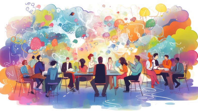 A Brainstorming Session with People Surrounded by Colorful Thought ...